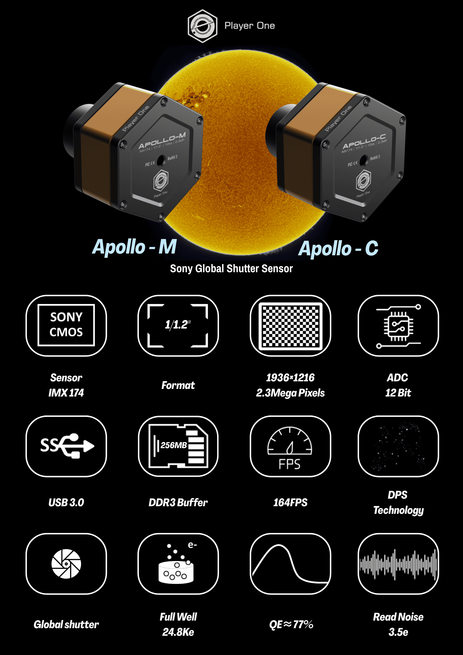 Apollo-M USB3.0 Mono Camera (IMX174) – Player One Astronomy