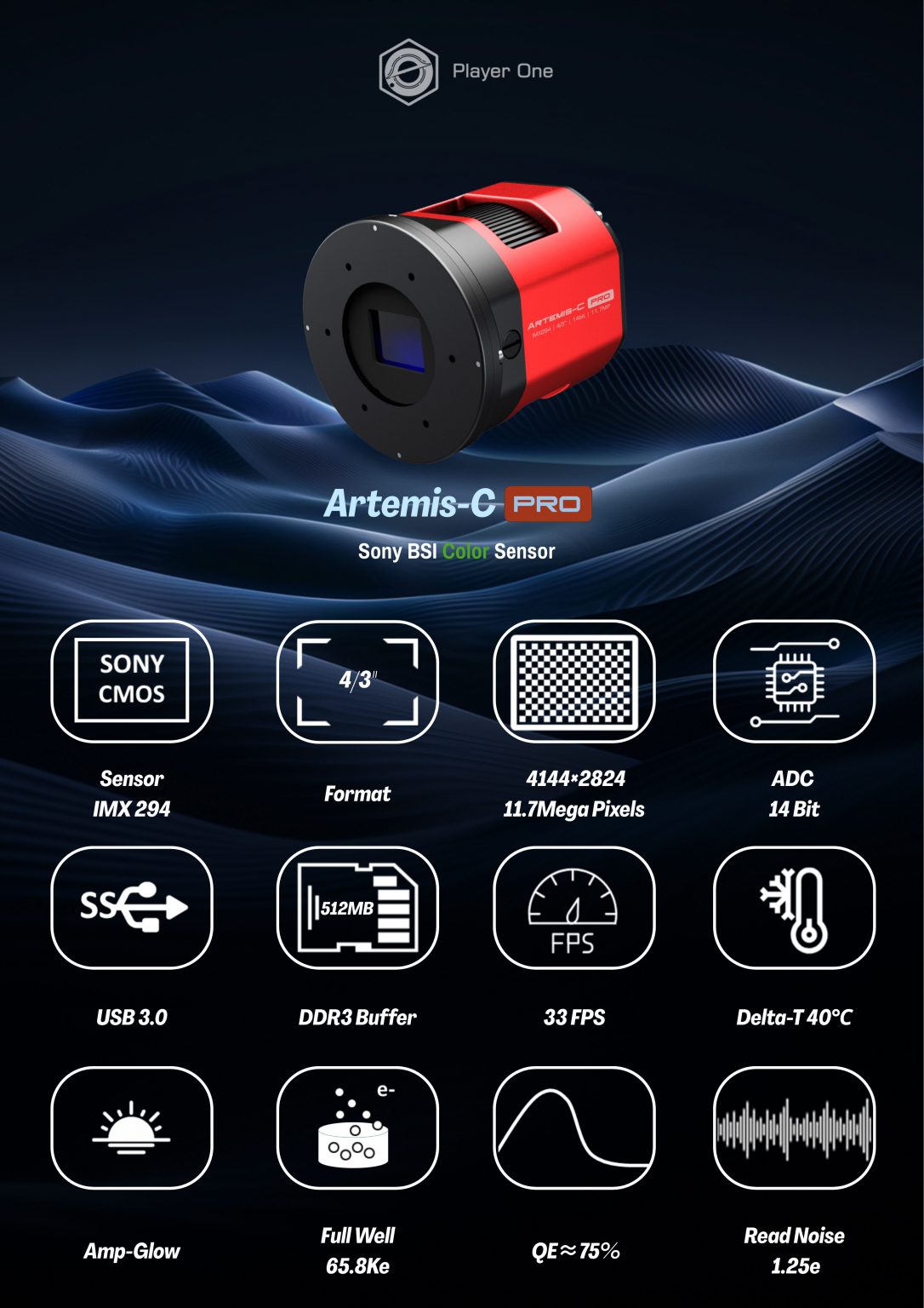 Artemis-C Pro (IMX294) USB3.0 Color Cooled Camera – Player One Astronomy