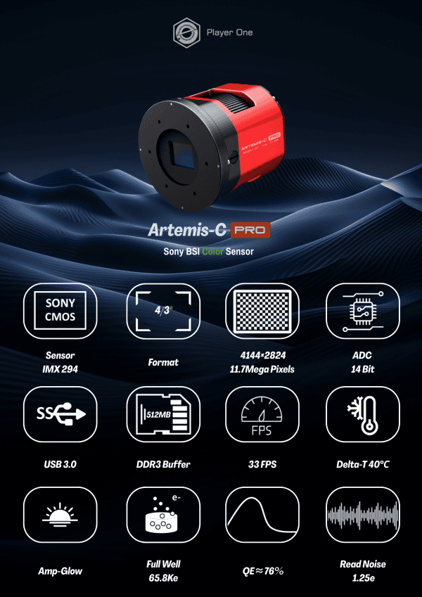 Artemis-C Pro (IMX294) USB3.0 Color Cooled Camera – Player One Astronomy