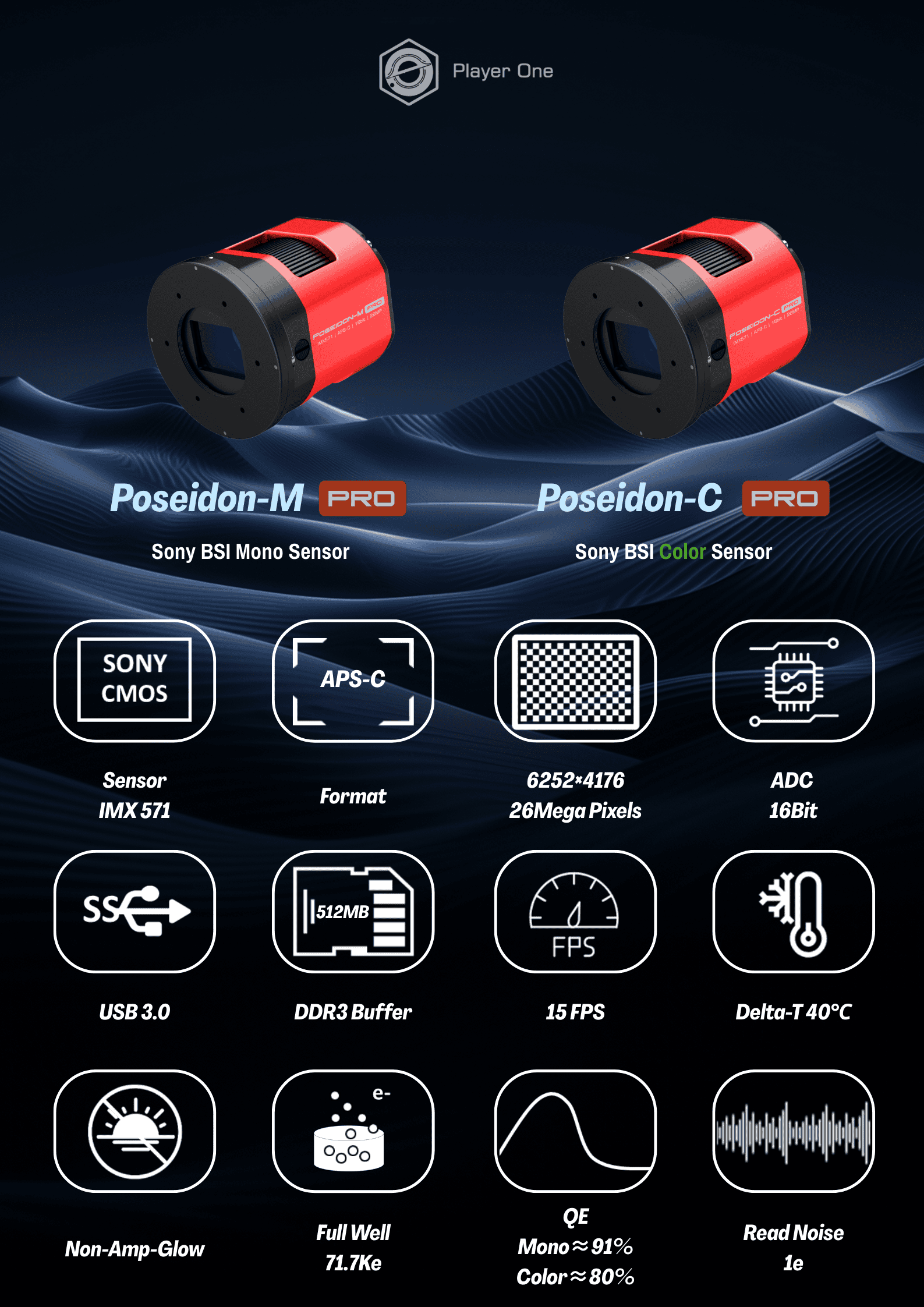 Poseidon-C Pro (IMX571) USB3.0 Color Cooled Camera – Player One Astronomy